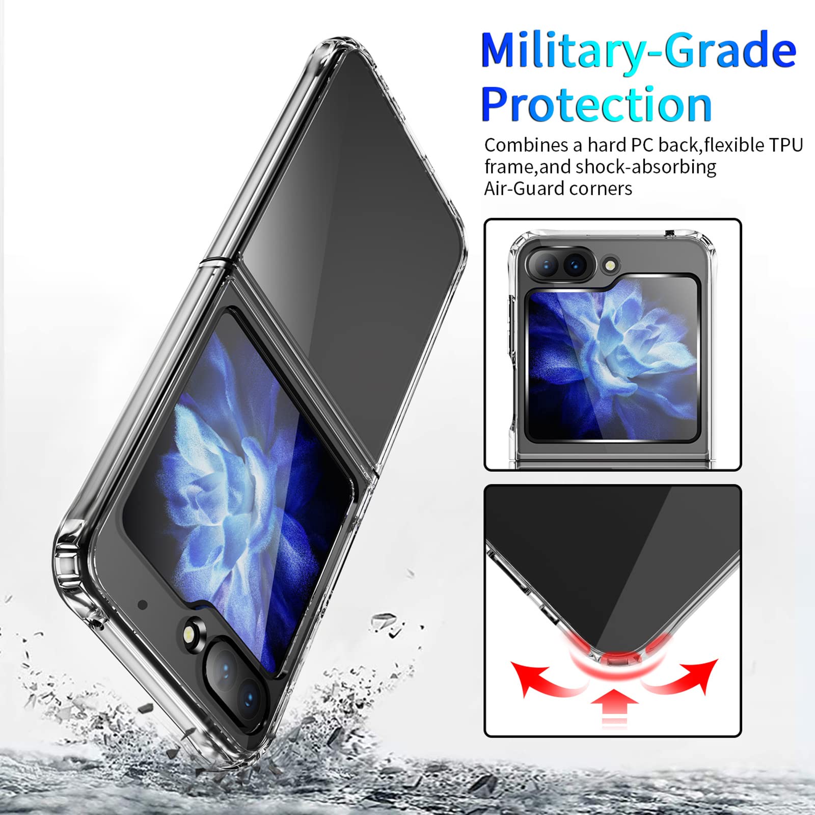 KUGEW for Samsung Galaxy Z Flip 5 Clear Case, Crystal Clear Slim Fit Thin Transparent Phone Cover Soft TPU Bumper Corners Rubber Shockproof Anti-Slip Heavy Duty Protection (Clear)