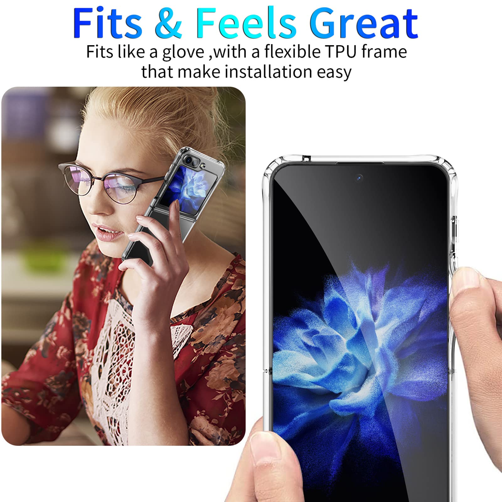 KUGEW for Samsung Galaxy Z Flip 5 Clear Case, Crystal Clear Slim Fit Thin Transparent Phone Cover Soft TPU Bumper Corners Rubber Shockproof Anti-Slip Heavy Duty Protection (Clear)
