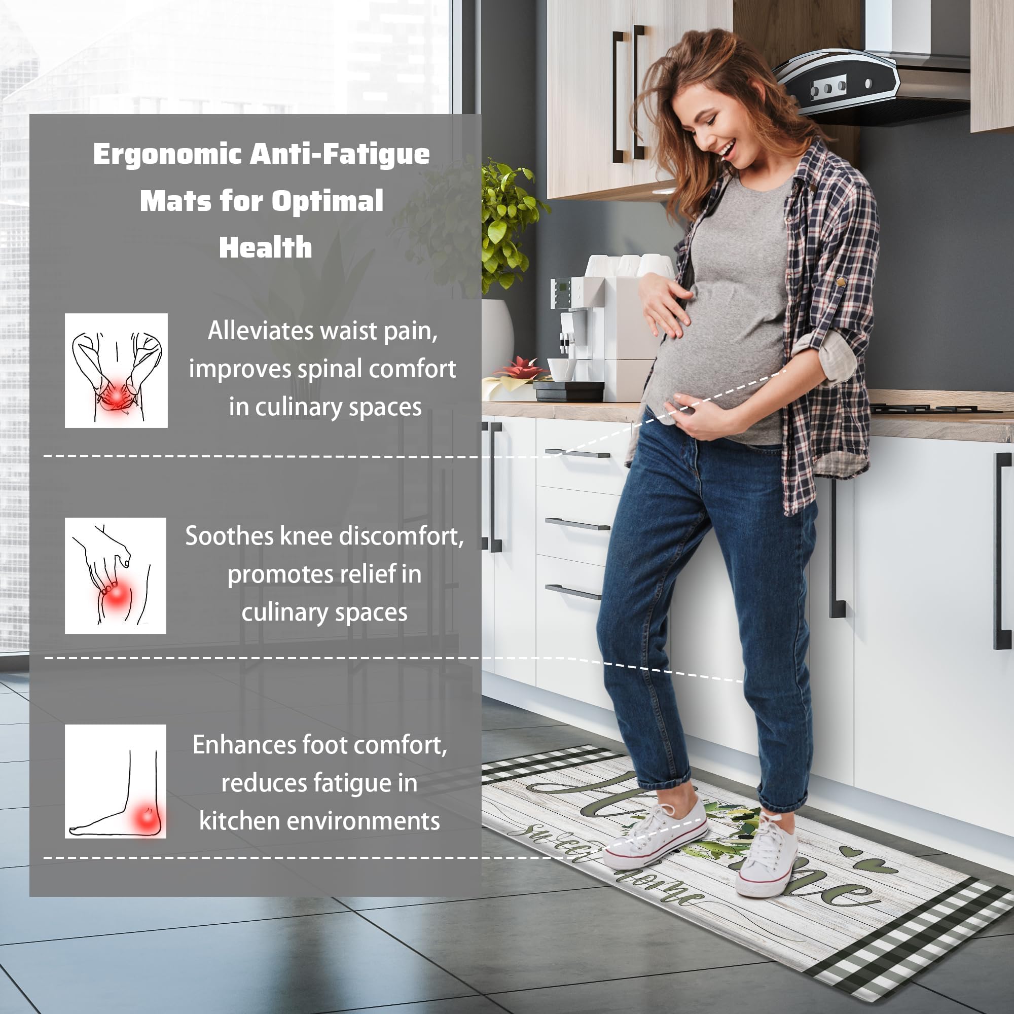 Qahing Farmhouse Kitchen Rugs Mats Sets of 2 Cushioned Anti Fatigue Kitchen Mats for Floor Spring Non Slip Memory Foam Kitchen Floor Mats Waterproof Comfort Standing Mats for Sink, 17.3"x28"+17.3"x47"