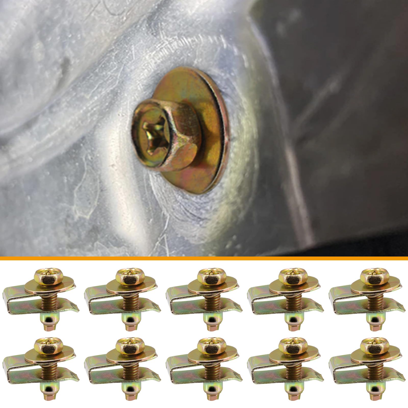 URMECCH 20x Body Bolts M6-1.0 x 20mm Long - 10mm Hex - 17mm Washer - 20x U-Nuts Clips Engine Under Cover Undertray Splash Shield Guard Bumper Fender Liner Push Retainer Fastener, Yellow Zinc Finish