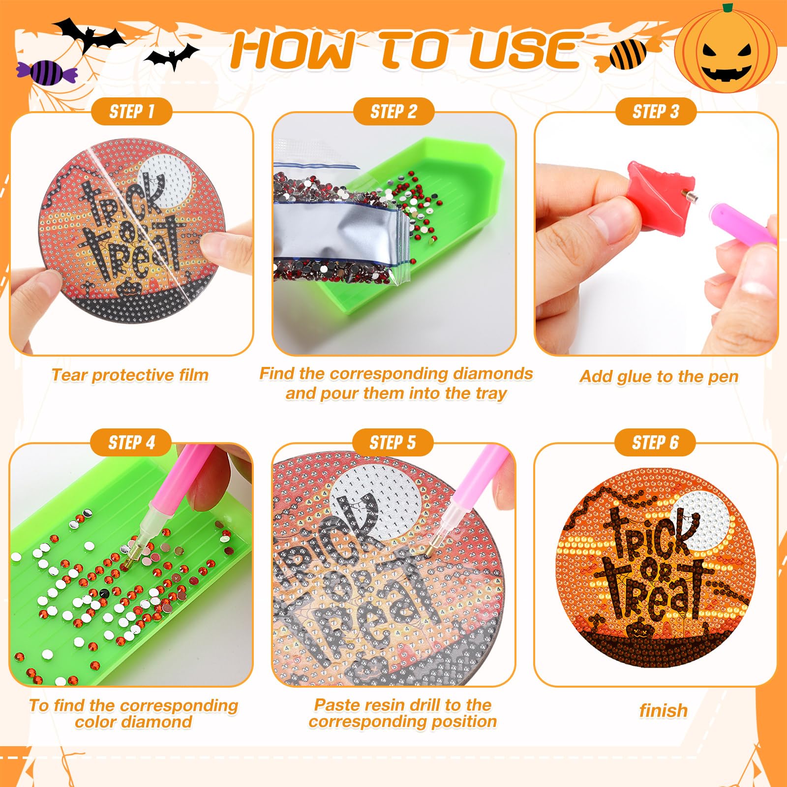 Suttmin 8 Pcs Halloween Diamond Painting Coasters Kits DIY Diamond Kits with Holder Gnome Pumpkin Ghost Coasters for Adult Kids Christmas for Craft Beginner Party Gift