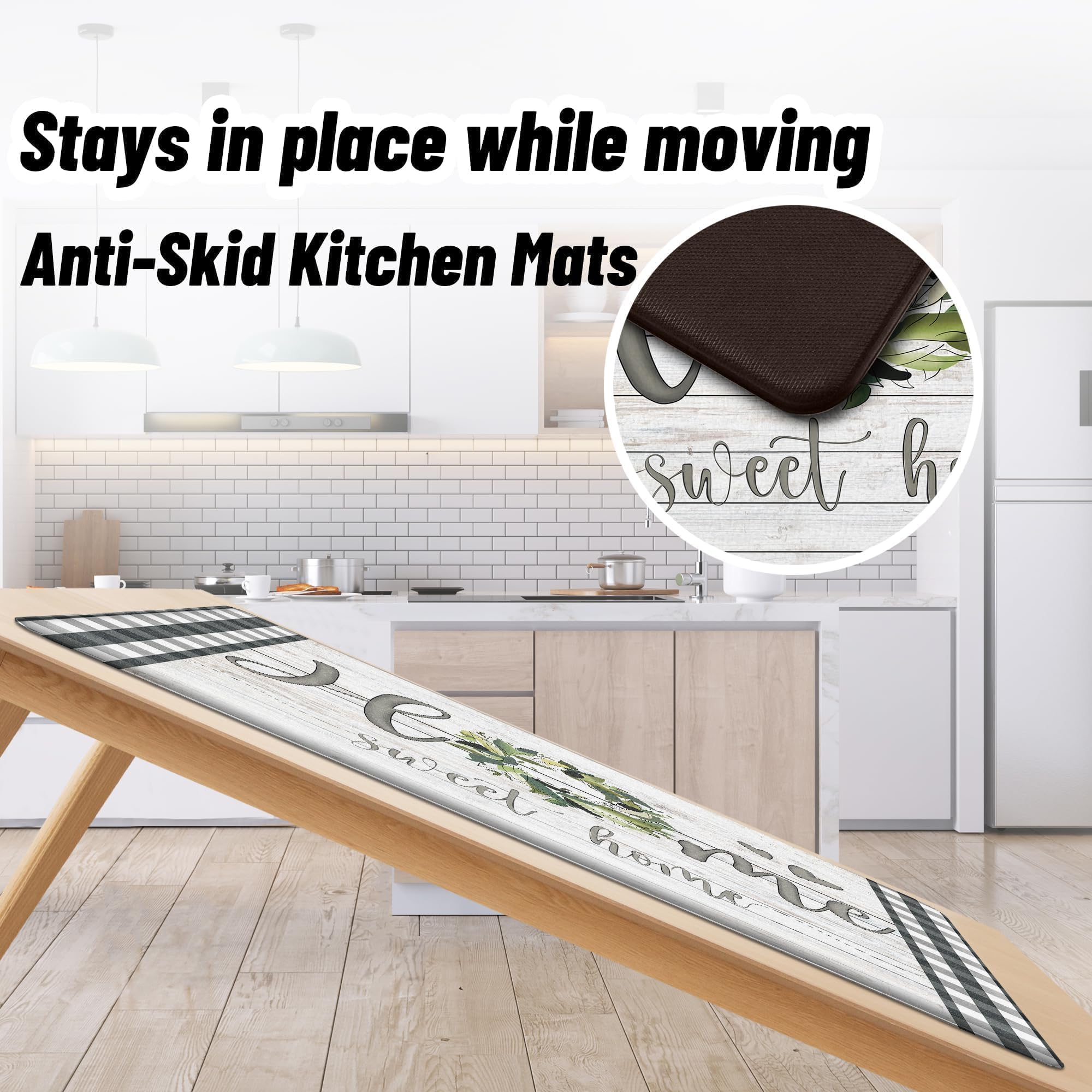 Qahing Farmhouse Kitchen Rugs Mats Sets of 2 Cushioned Anti Fatigue Kitchen Mats for Floor Spring Non Slip Memory Foam Kitchen Floor Mats Waterproof Comfort Standing Mats for Sink, 17.3"x28"+17.3"x47"