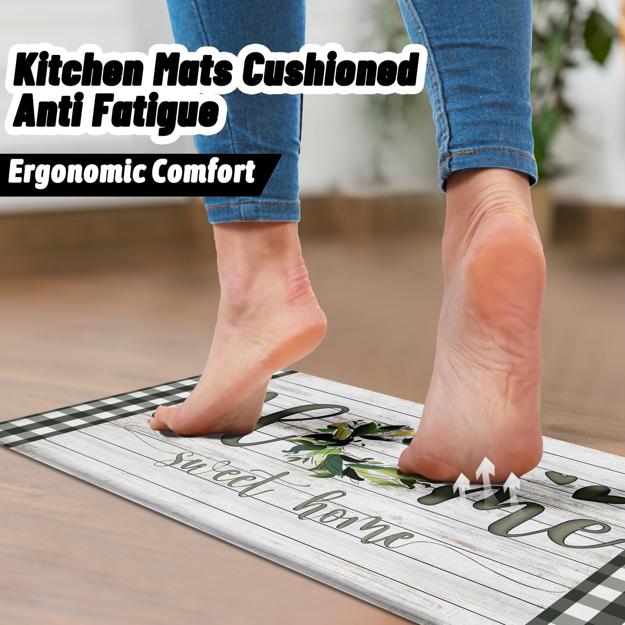 Qahing Farmhouse Kitchen Rugs Mats Sets of 2 Cushioned Anti Fatigue Kitchen Mats for Floor Spring Non Slip Memory Foam Kitchen Floor Mats Waterproof Comfort Standing Mats for Sink, 17.3"x28"+17.3"x47"