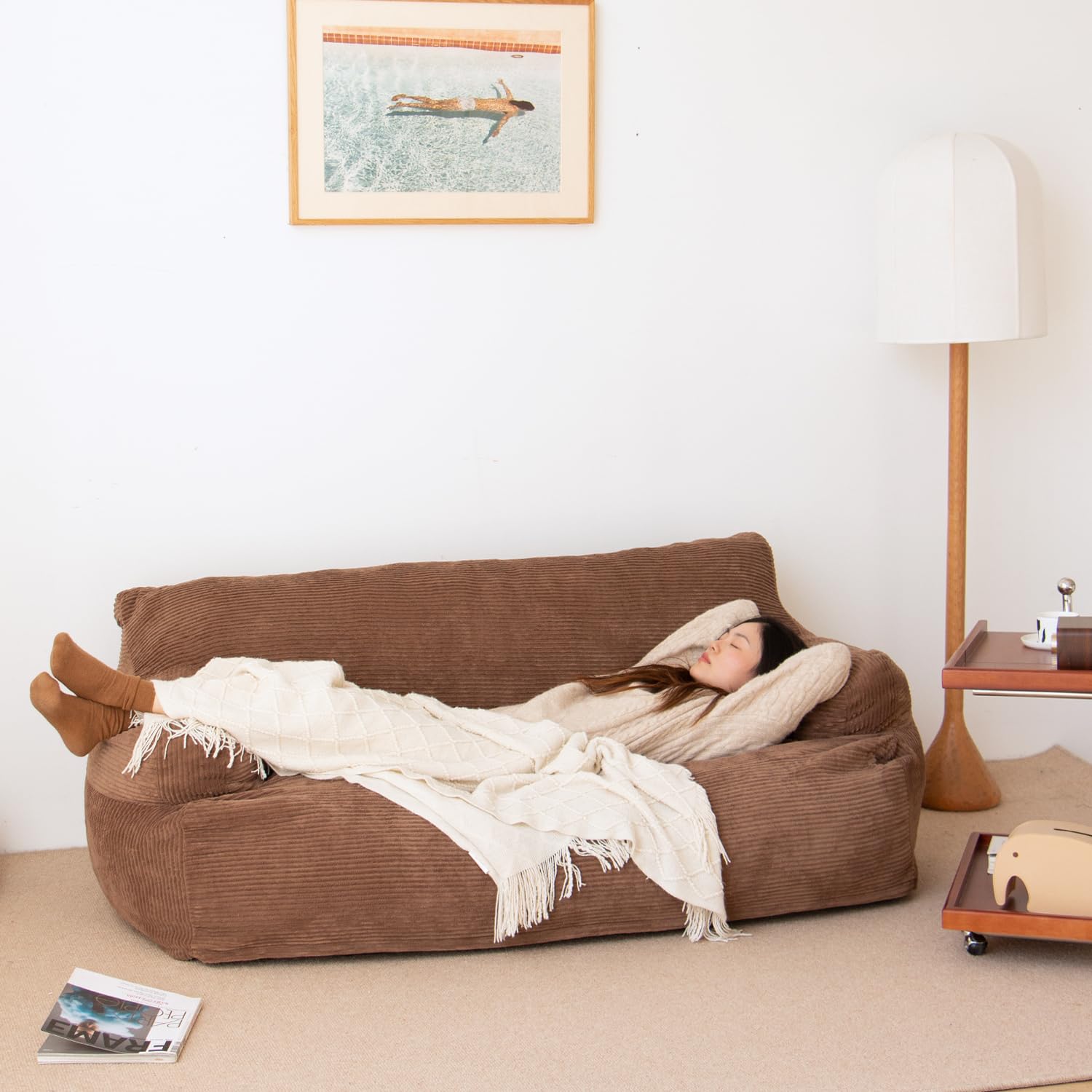 N&V Giant Twin Size Bean Bag Sofa, Foam Filling Floor Sofa, Includes Removable and Machine Washable Cover, Brown