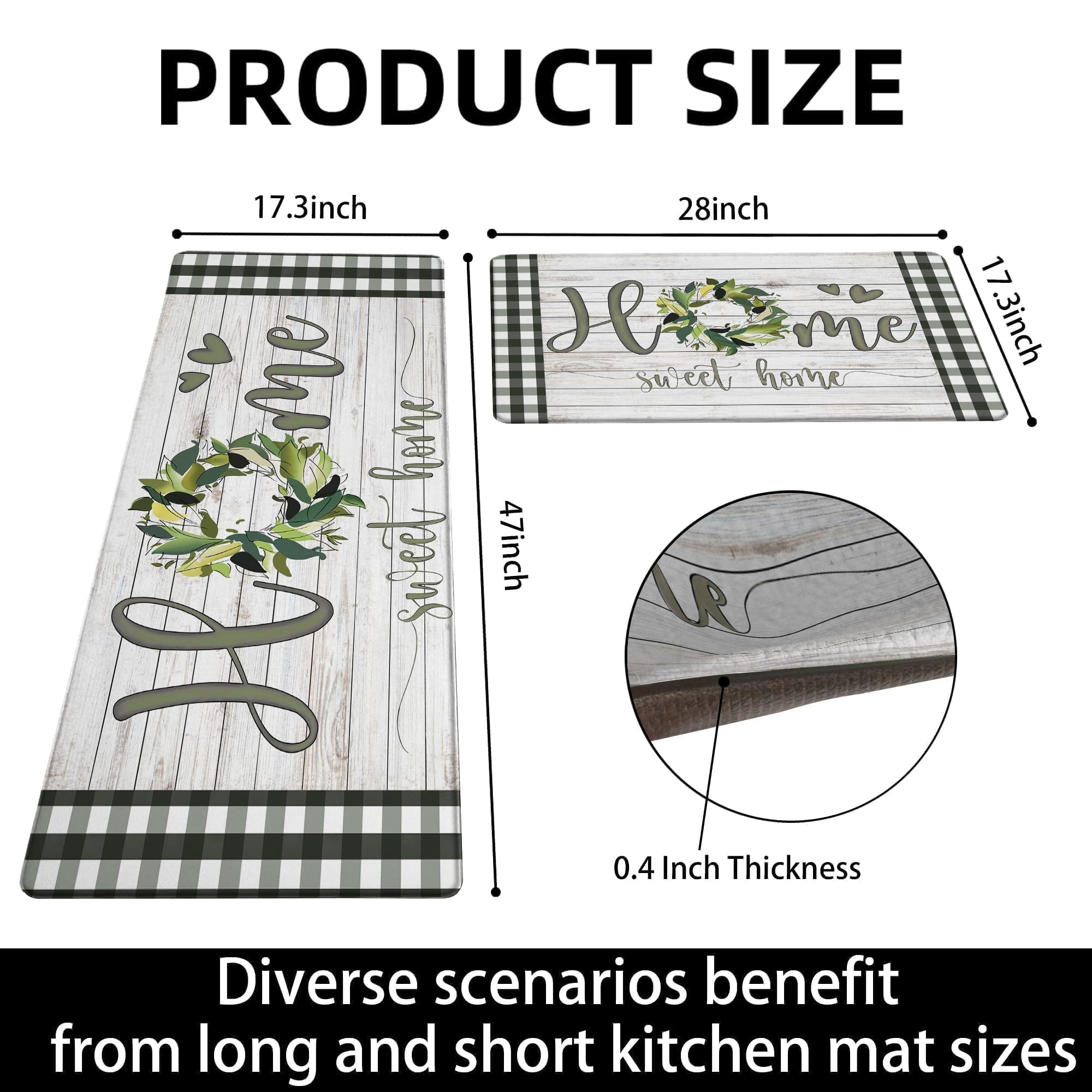 Qahing Farmhouse Kitchen Rugs Mats Sets of 2 Cushioned Anti Fatigue Kitchen Mats for Floor Spring Non Slip Memory Foam Kitchen Floor Mats Waterproof Comfort Standing Mats for Sink, 17.3"x28"+17.3"x47"