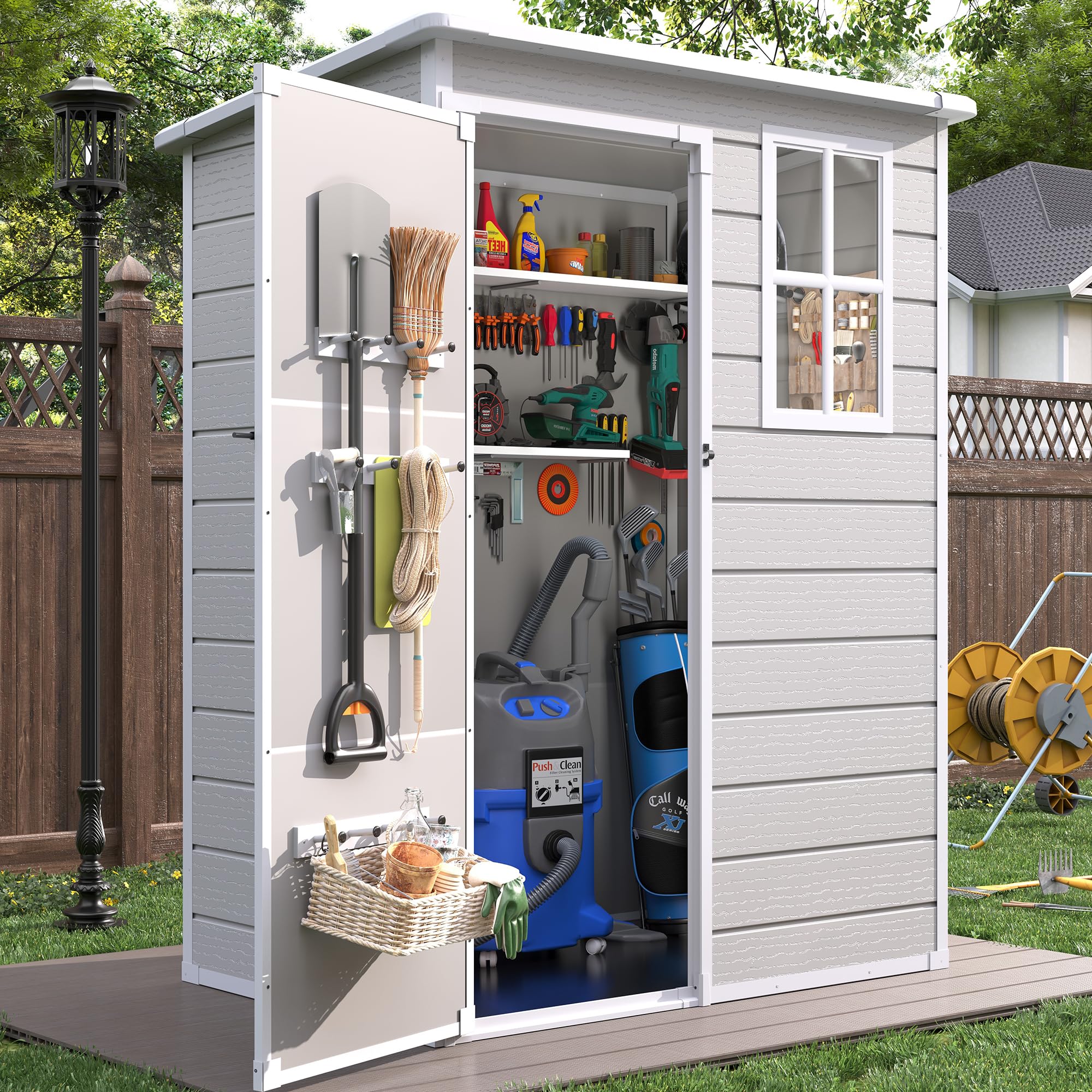 VONZOY Outdoor Resin Storage Shed, 8x13FT Plastic Storage Sheds with Floor, Lockable Door, Window, Waterproof Tool Sheds & Outdoor Storage Outside for Bike, Garbage Can, Accessories, Bedge