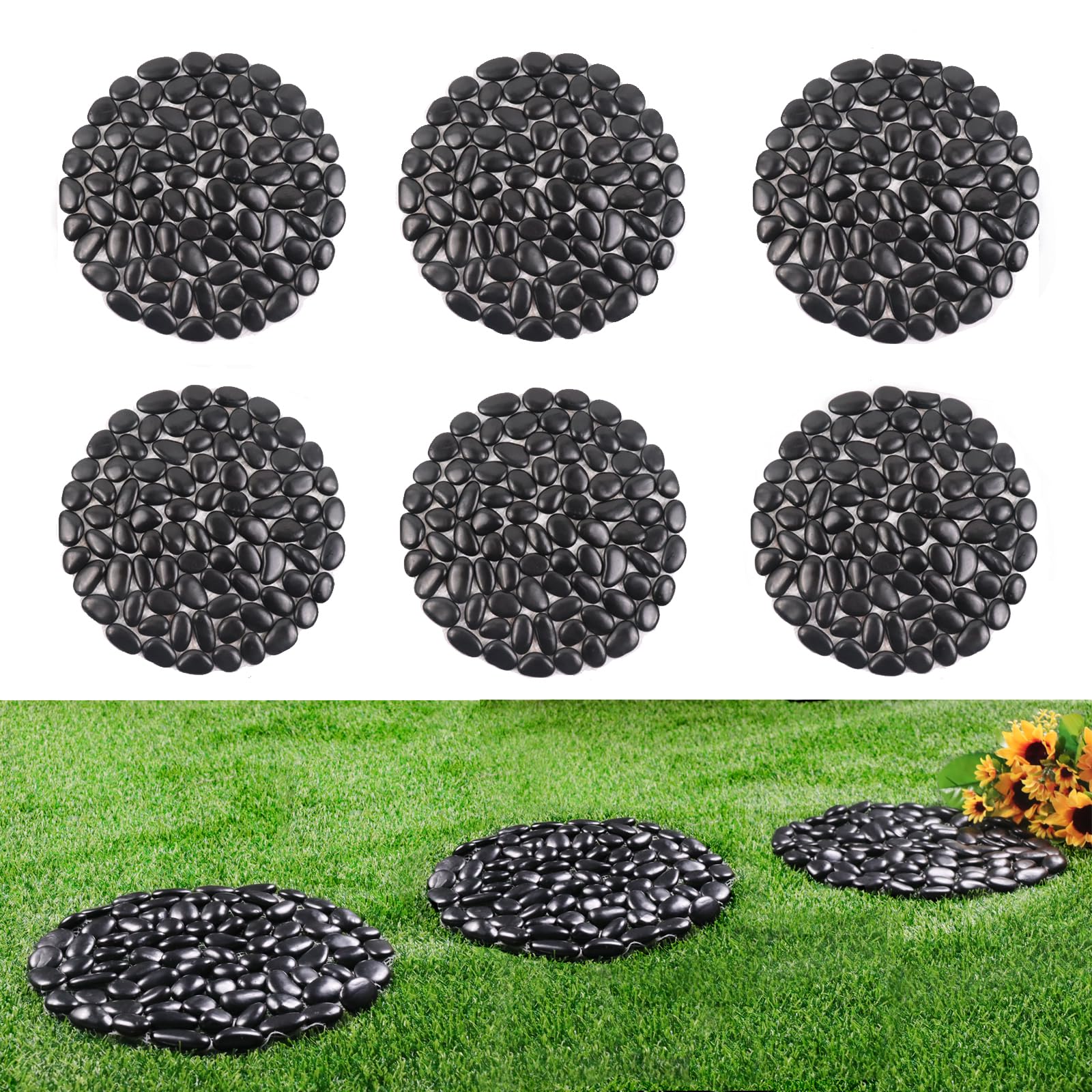Lechloris 12 inch River Rock Stepping Stone - Diamater Pavers for Outdoor Garden Walkway, Landscaping - Polished Pebble Step Stones for Patio Yard Lawn Pathway, Set of 6 (Roundness,Black)