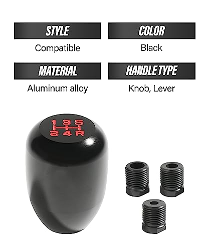 ESEWALAS Gear Shift Knob,5 Speed Manual Gearbox Shift Knob,Car Modification Manual Knob Gear Shift Head Shifter,M12x1.25 Screw On Aluminum,Manual Gear Shift Knobs Replacement Fit(Black)