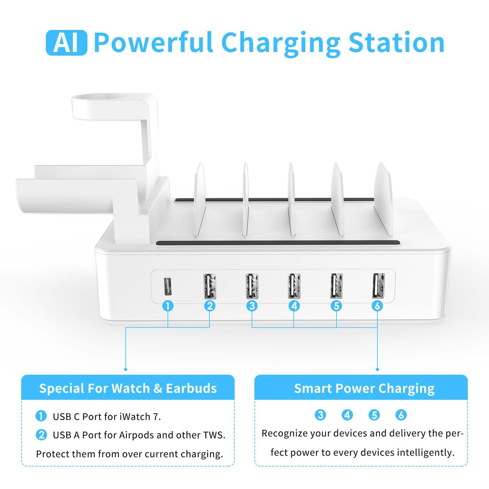 Multiple Charging Station Charger Station - Presents for Him Her Charging Station for Multiple Devices, 6 Ports USB Charging Dock for Phone|Earhead|Watch Stand, Fast Docking Station