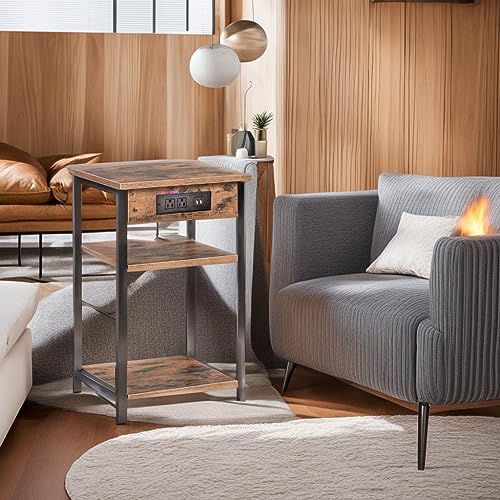 VGWHY End Table with Charging Station, 3 Tier Side Table with USB Ports and Power Outlets, Rustic Brown Night Stand for Living Room, Bedroom