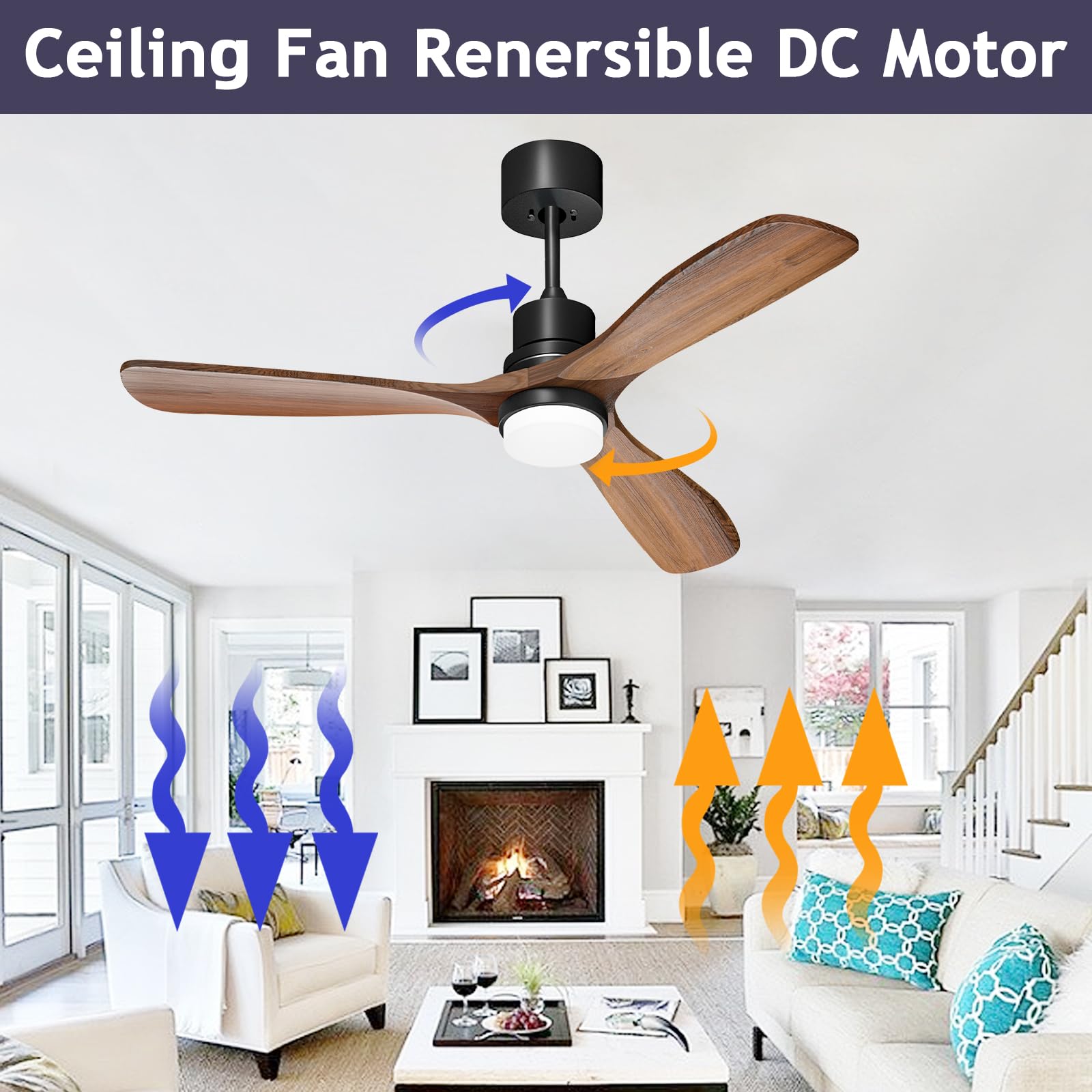 Obabala Ceiling Fans with Lights and Remote Indoor/Outdoor Ceiling Fan with 3 Walnut Wood Blades,42-inch,Matte Black