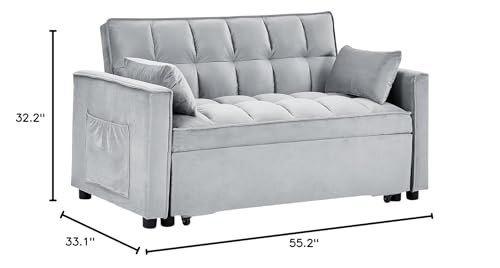 YOUMU Sleeper Sofa Couch w/Pull Out Bed, 55" Modern Velvet Convertible Sleeper Sofa Bed, Small Love seat Sofa Bed w/Pillows & Side Pockets for Small Space, Living Room, Apartment (Grey,55")