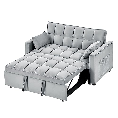 YOUMU Sleeper Sofa Couch w/Pull Out Bed, 55" Modern Velvet Convertible Sleeper Sofa Bed, Small Love seat Sofa Bed w/Pillows & Side Pockets for Small Space, Living Room, Apartment (Grey,55")