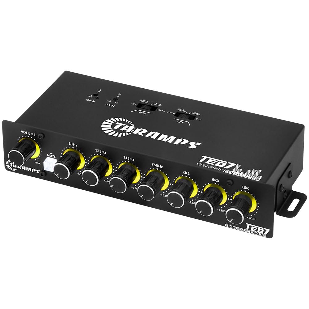 Taramp's TEQ 7 Stereo 7-Band Graphic Equalizer RCA Input 2 Channels HPF and LPF Filters Mute Function Car Audio Mixer Equalizer EQ, Best Control for Car, Boat, Motorcycle - TEQ7 Yellow