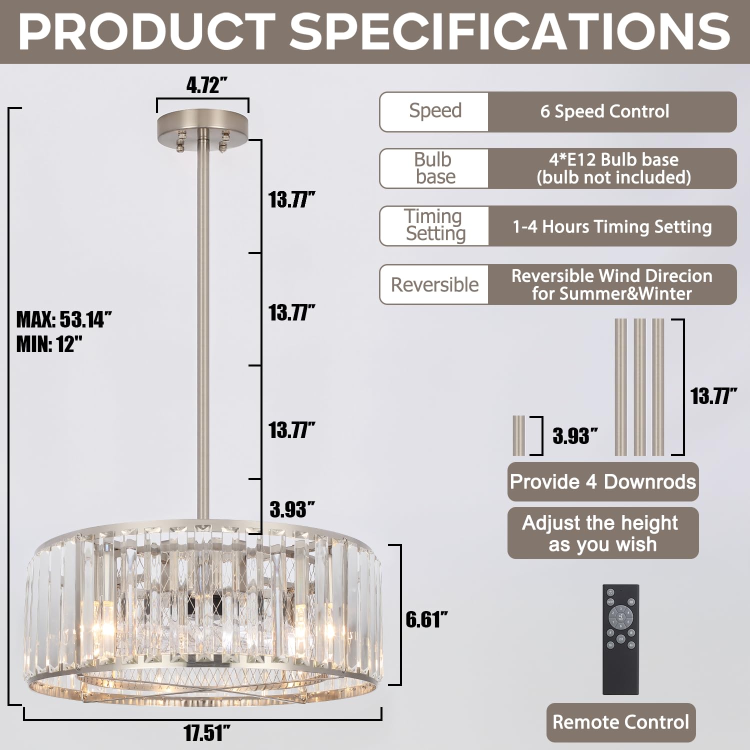 Luupyia Crystal Caged Brush Nickel Ceiling Fan with Light 18In, 6 Speed Reversible, 4Lights Crystal Fandelier Ceiling Fan with Light and Remote Silver Fandelier Low Profile 7 Bladeless E12