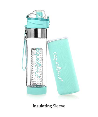 New Improved Unique Bottom Loading Fruit Infuser Water Bottle Complete Bundle Includes Bottle Brush, Insulating Sleeve & Infusion Recipe eBook. Leak Proof Sweat Proof BPA-Free (Teal)