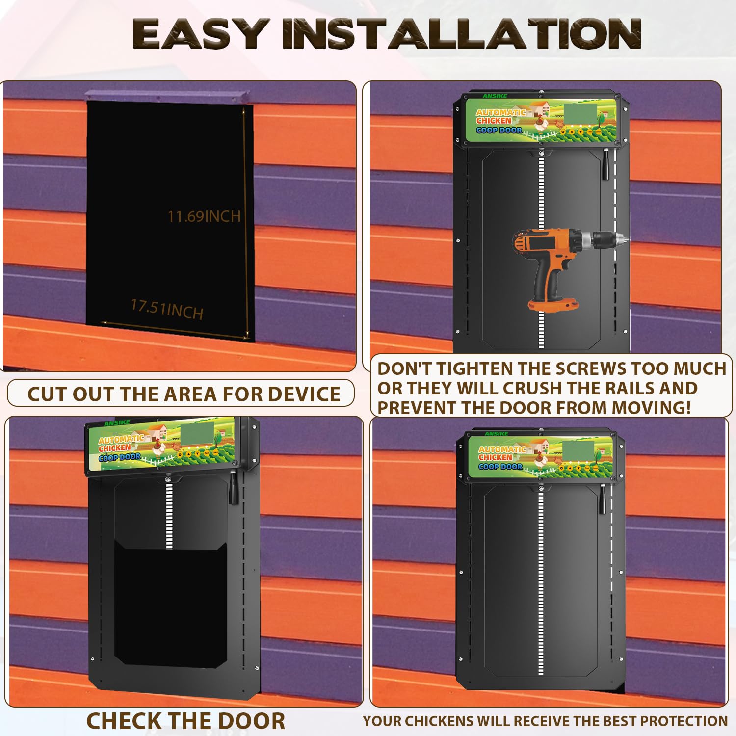 ANSIKE Automatic Chicken Coop Door APP Control Aluminum WiFi Chicken Coop Door Opener with Timer Programmable Light Sensor Poultry Remote Control 4 Power Supply Methods, Built-in Battery Black