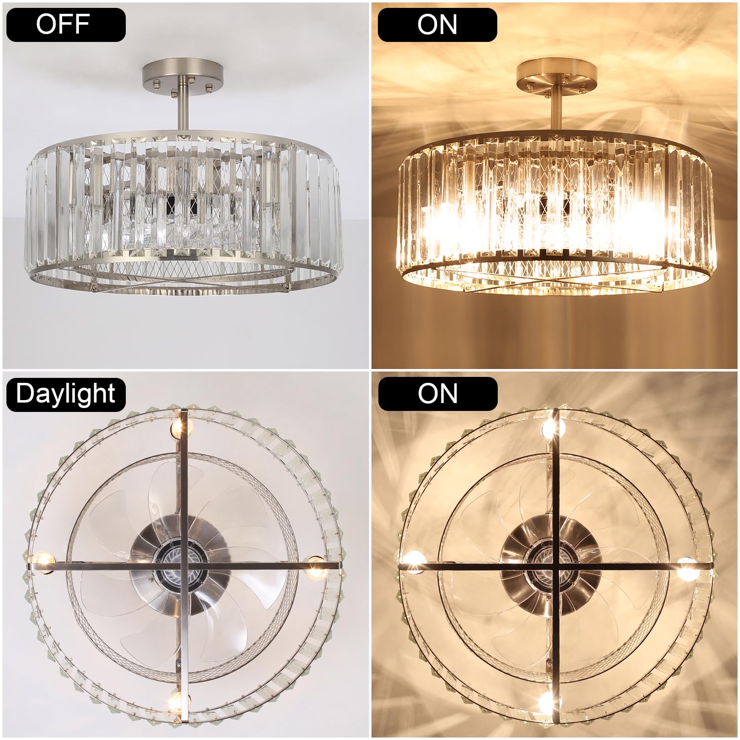 Luupyia Crystal Caged Brush Nickel Ceiling Fan with Light 18In, 6 Speed Reversible, 4Lights Crystal Fandelier Ceiling Fan with Light and Remote Silver Fandelier Low Profile 7 Bladeless E12