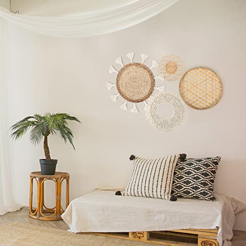Set of 4 Boho Wall Basket Decor Boho Wall Hanging Decor Rattan Macrame Decor Flat Round Wicker Woven Macrame Tassels Tapestry Bamboo Wall Basket Handmade Serving Tray Art for Room Bedroom Living Room