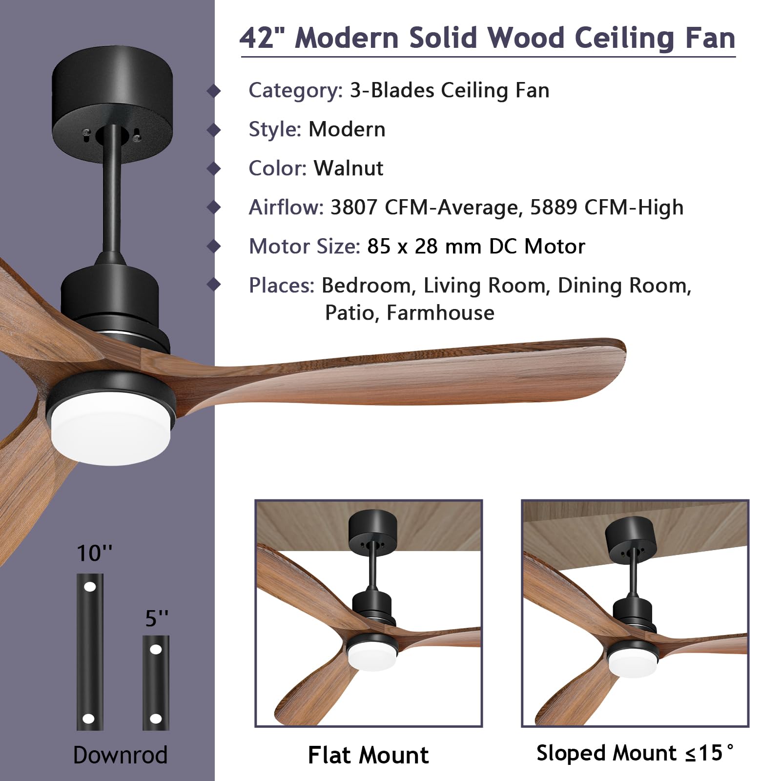 Obabala Ceiling Fans with Lights and Remote Indoor/Outdoor Ceiling Fan with 3 Walnut Wood Blades,42-inch,Matte Black