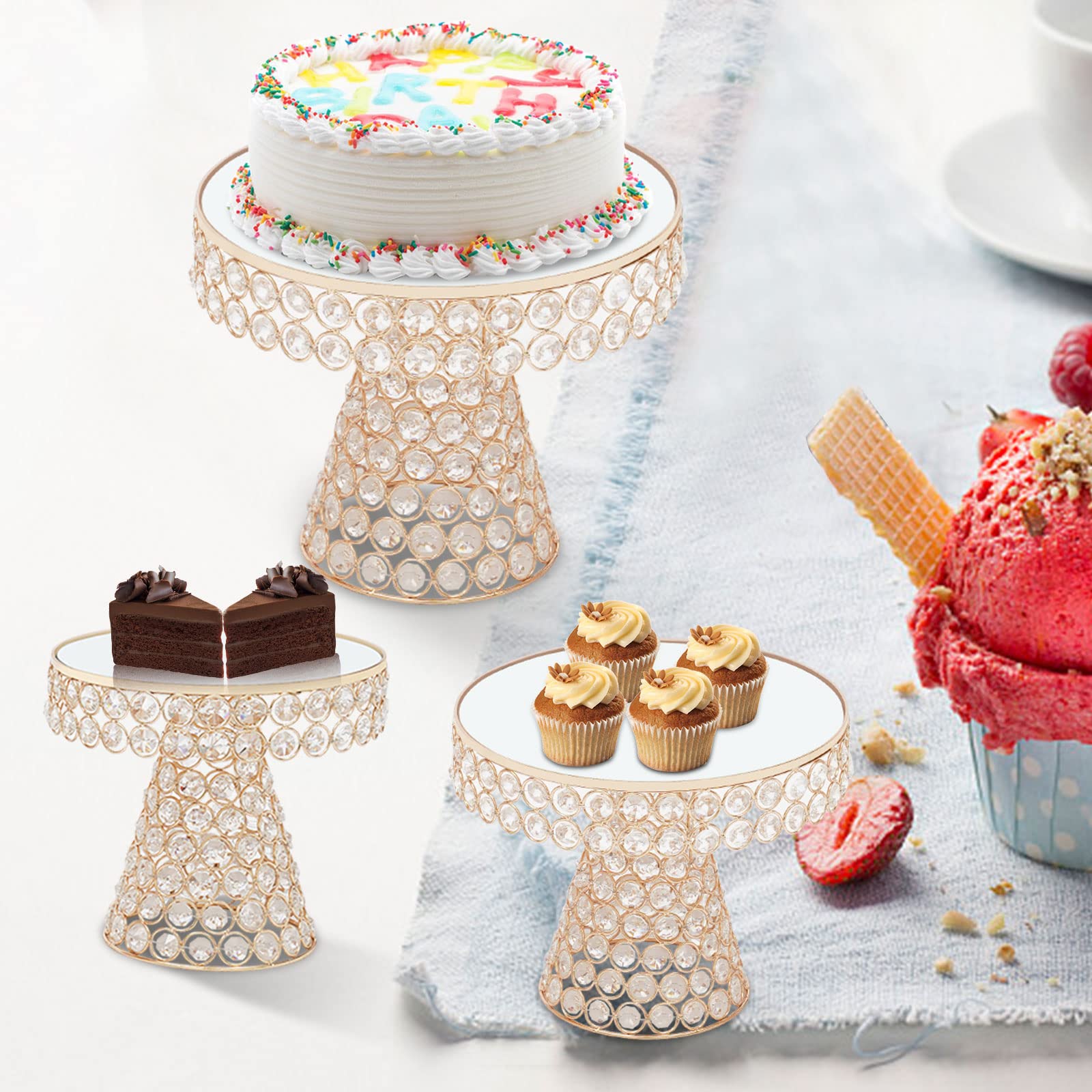 Crystal Cake Stand, Iron Cake Holder with Mirror Dessert Display Plate Serving Tray Cheese Pastry Candy Fruite Display Plate Tray Serving Platter for Birthday Wedding Party Decoration
