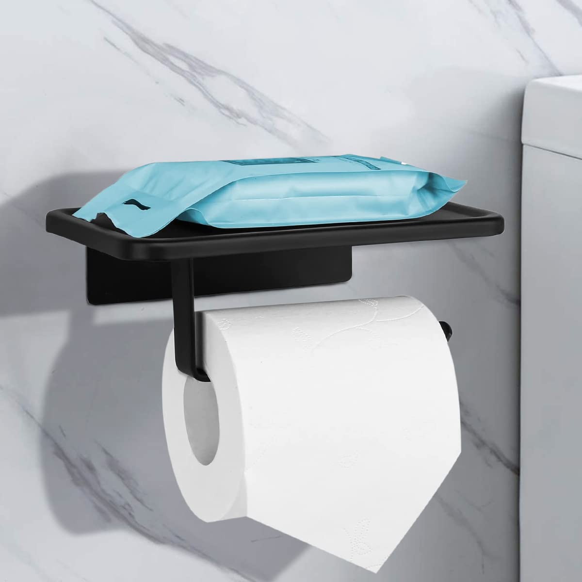 Ihvewuo formsiwod Black Toilet Roll Holder Aluminum Toilet Paper Holder with Phone Shelf Wall Mounted Toilet Roll Holder with Screws Anti-Rust Toilet Paper Holder for Bathroom Kitchen JK