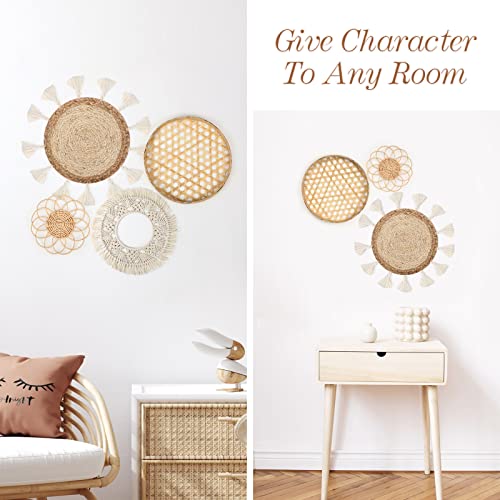 Set of 4 Boho Wall Basket Decor Boho Wall Hanging Decor Rattan Macrame Decor Flat Round Wicker Woven Macrame Tassels Tapestry Bamboo Wall Basket Handmade Serving Tray Art for Room Bedroom Living Room