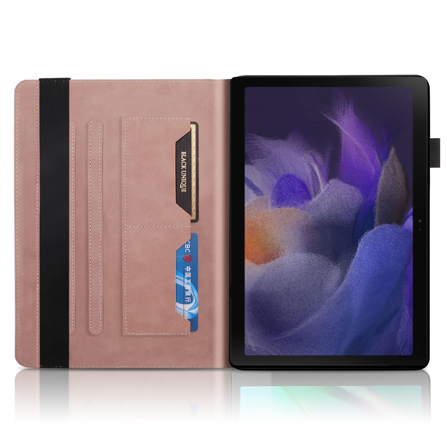 Business Special Tree Pattern Cover with 2 Credit Card Slots Pencil Holder Kickstand Protective Case for Samsung Galaxy Tab A8 10.5 X200/X205-Rose Gold