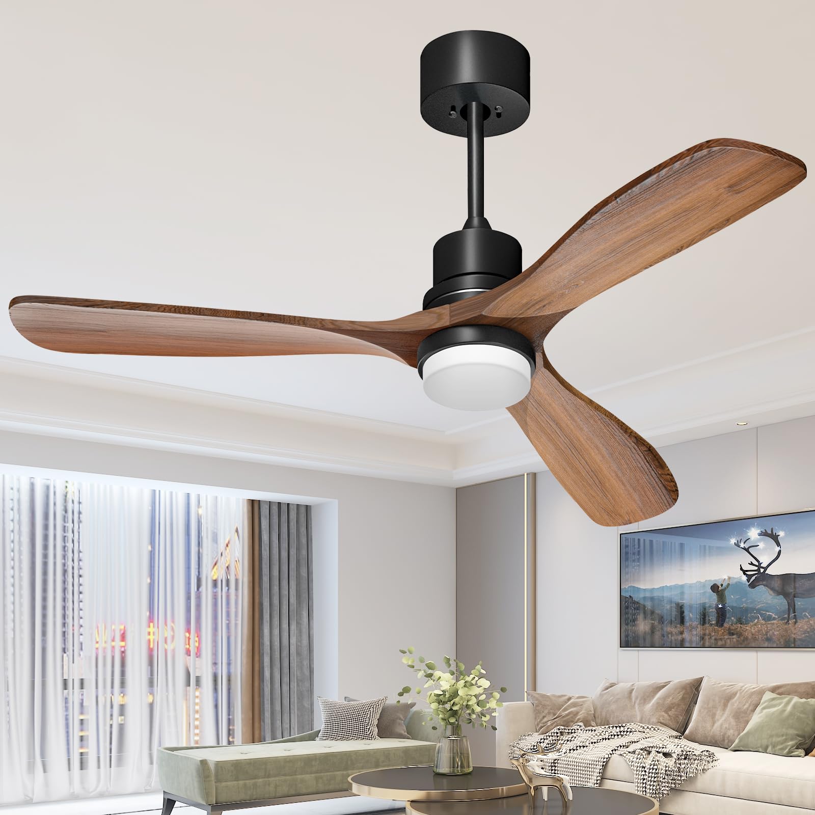 Obabala Ceiling Fans with Lights and Remote Indoor/Outdoor Ceiling Fan with 3 Walnut Wood Blades,42-inch,Matte Black
