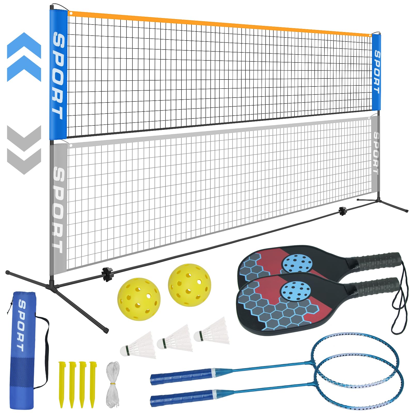Pickleball Net, Pickleball Set with Net, Indoor Outdoor 17ft x 3-5ft Height Adjustable Pickle Ball Net, Pickleball, Badminton, and Volleyball All-in-One Net w/Pickleball Paddles, Badminton Rackets