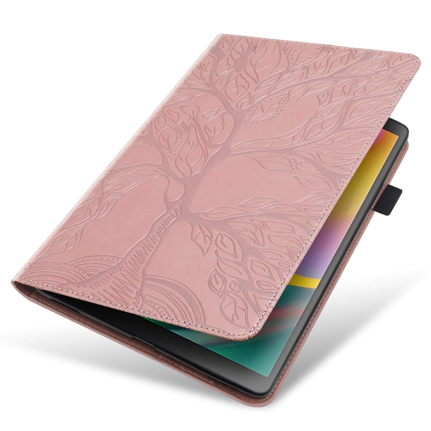 Business Special Tree Pattern Cover with 2 Credit Card Slots Pencil Holder Kickstand Protective Case for Samsung Galaxy Tab A8 10.5 X200/X205-Rose Gold