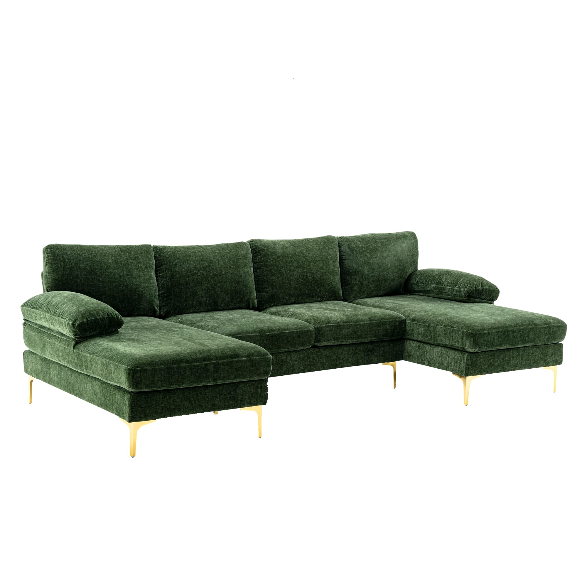 U Shaped Sectional Sofa with Double Extra Wide Chaise Lounge, 110.63" Soft Velvet Upholstery Couches with Solid Wood Frame, Detachable Cover & Armrest and Golden Color Metal Feet, Easy to Install