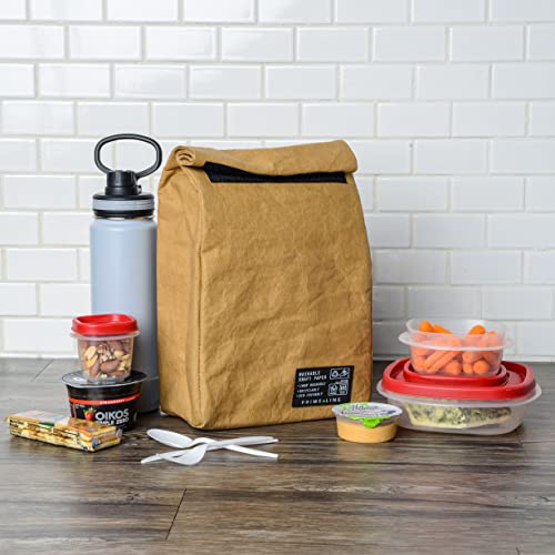 ZENPAC Insulated Lunch Bag - Small Lunch Bags for Men & Women, Designer Lunch Tote, Trendy Washable Kraft, Reusable, Leakproof & Waterproof Fabric with Fold Over Sealable Top for Work - 8.5x4.5x12