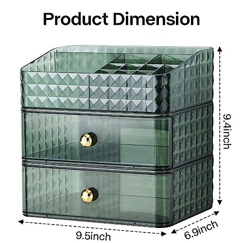 GORET Makeup Organizer for Vanity, Large Capacity Countertop Organizer with 2 Stackable Drawers for Cosmetics, Lipstick, Nail Polish, Jewelry, Makeup Brush, Ideal for Bedroom and Bathroom