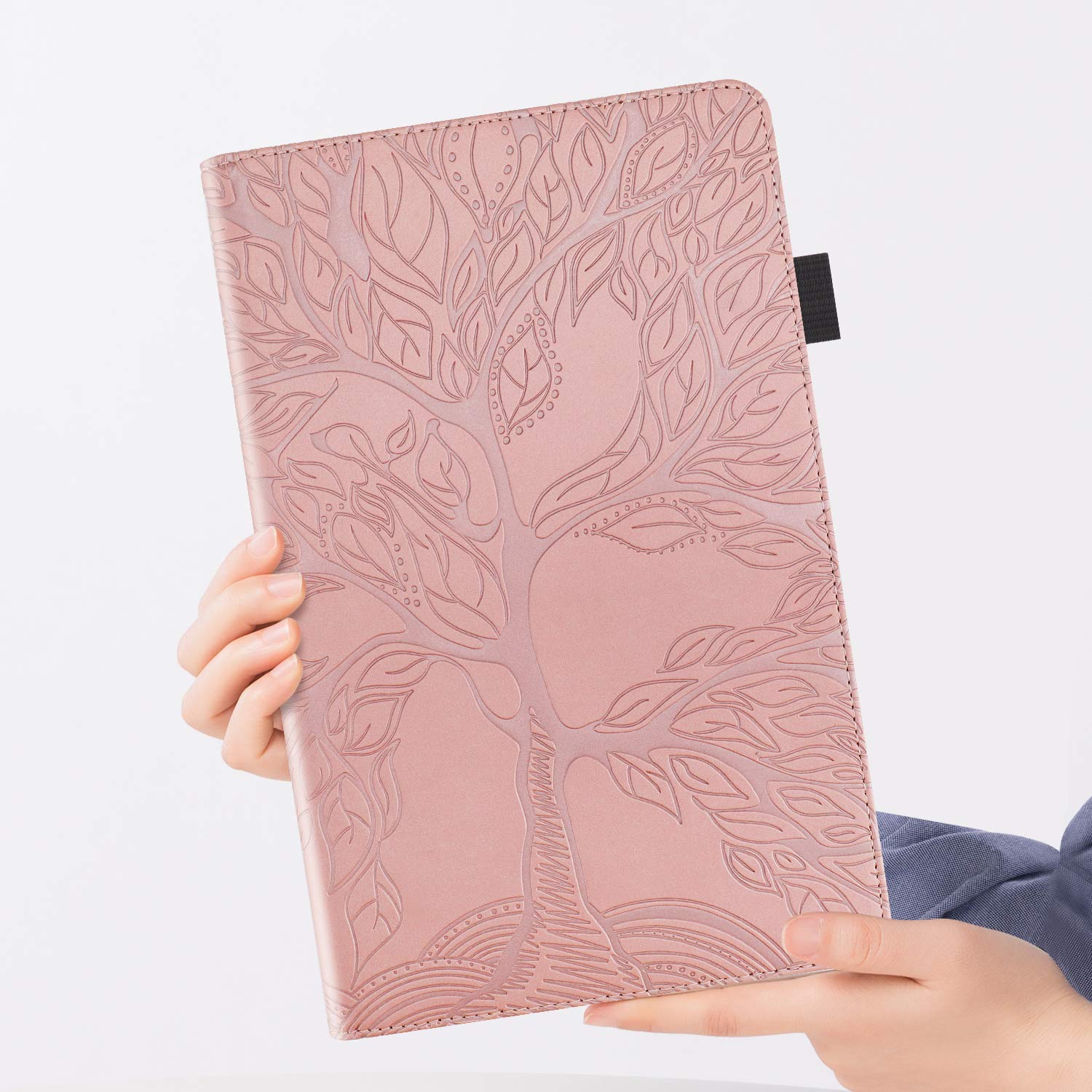 Business Special Tree Pattern Cover with 2 Credit Card Slots Pencil Holder Kickstand Protective Case for Samsung Galaxy Tab A8 10.5 X200/X205-Rose Gold