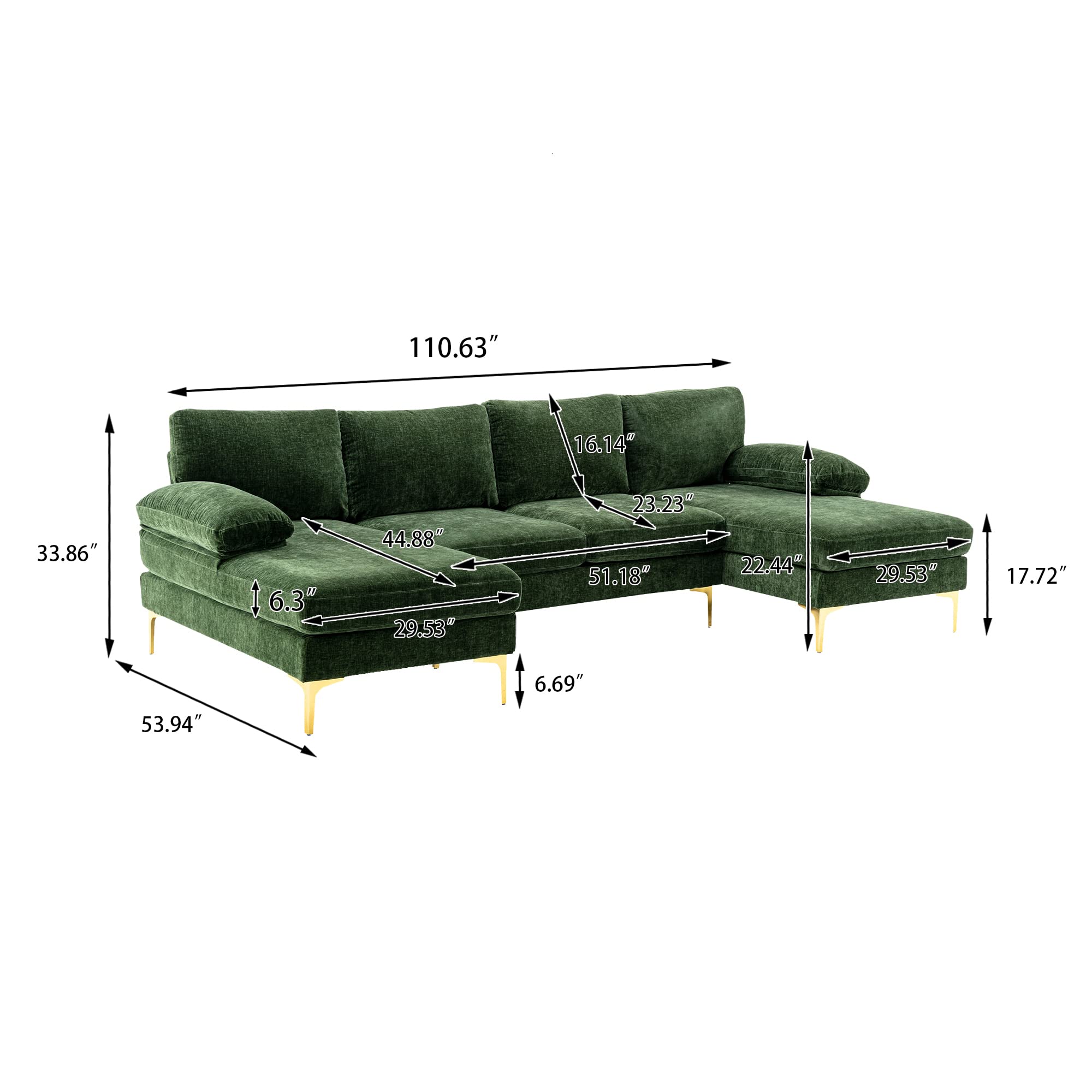 U Shaped Sectional Sofa with Double Extra Wide Chaise Lounge, 110.63" Soft Velvet Upholstery Couches with Solid Wood Frame, Detachable Cover & Armrest and Golden Color Metal Feet, Easy to Install