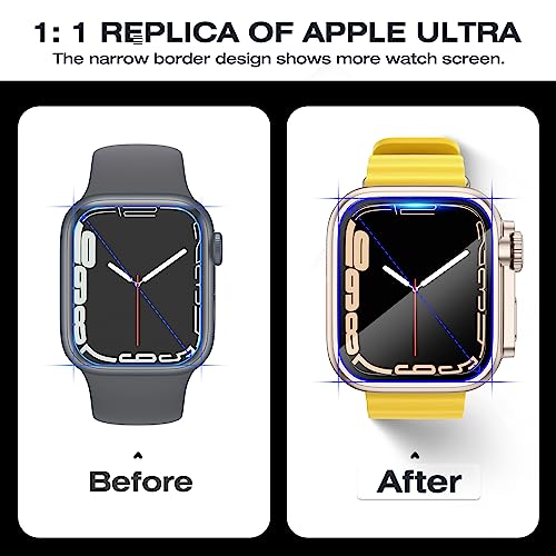 (2 in 1) Tensea for Waterproof Apple Watch Screen Protector Case Series 9 8 7 45mm【Apple Watch Ultra Style Case】, iWatch Protective Face Cover Look Like Ultra with Tempered Glass Film for Women Men