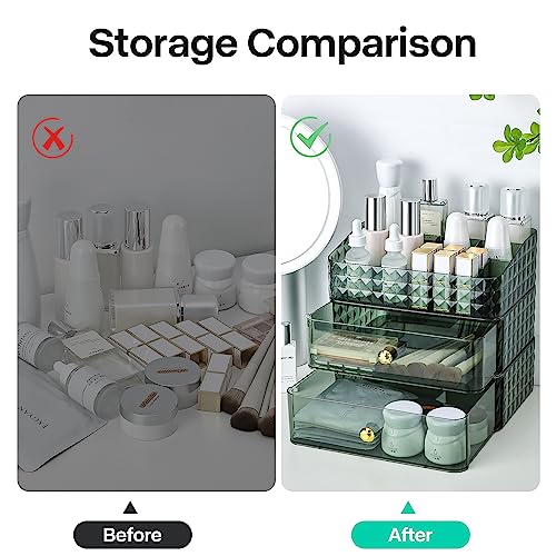 GORET Makeup Organizer for Vanity, Large Capacity Countertop Organizer with 2 Stackable Drawers for Cosmetics, Lipstick, Nail Polish, Jewelry, Makeup Brush, Ideal for Bedroom and Bathroom