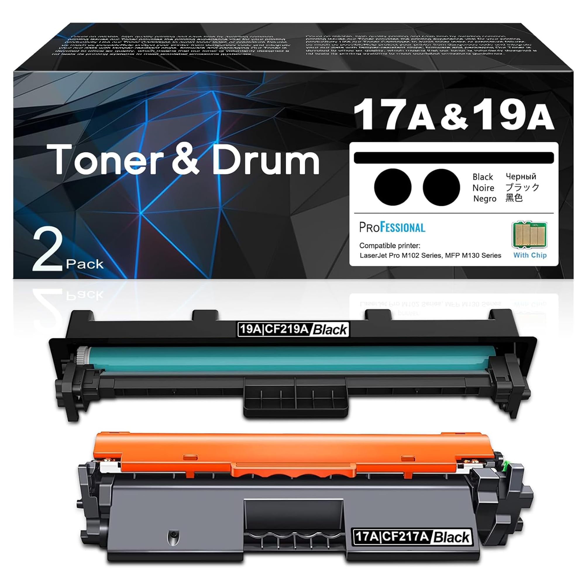 17A CF217A Black Toner & 19A CF219A Black Drum (2-Pack) Replacement for HP 17A CF217A Toner & Imaging Drum 19A CF219A Compatible with Laser Pro MFP M130a, M130nw, M130fn, M130fw, M102a, M102w Printer