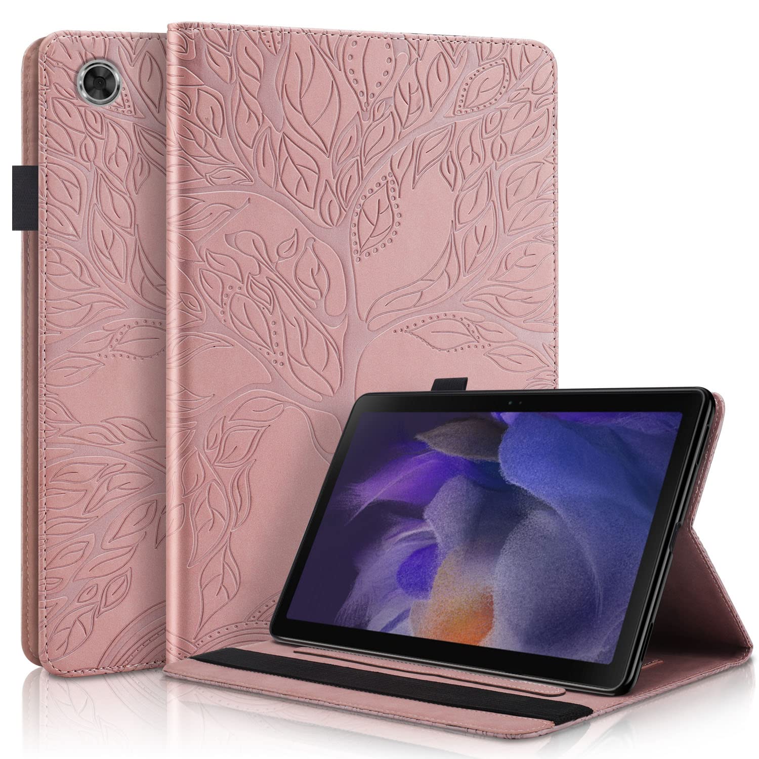 Business Special Tree Pattern Cover with 2 Credit Card Slots Pencil Holder Kickstand Protective Case for Samsung Galaxy Tab A8 10.5 X200/X205-Rose Gold