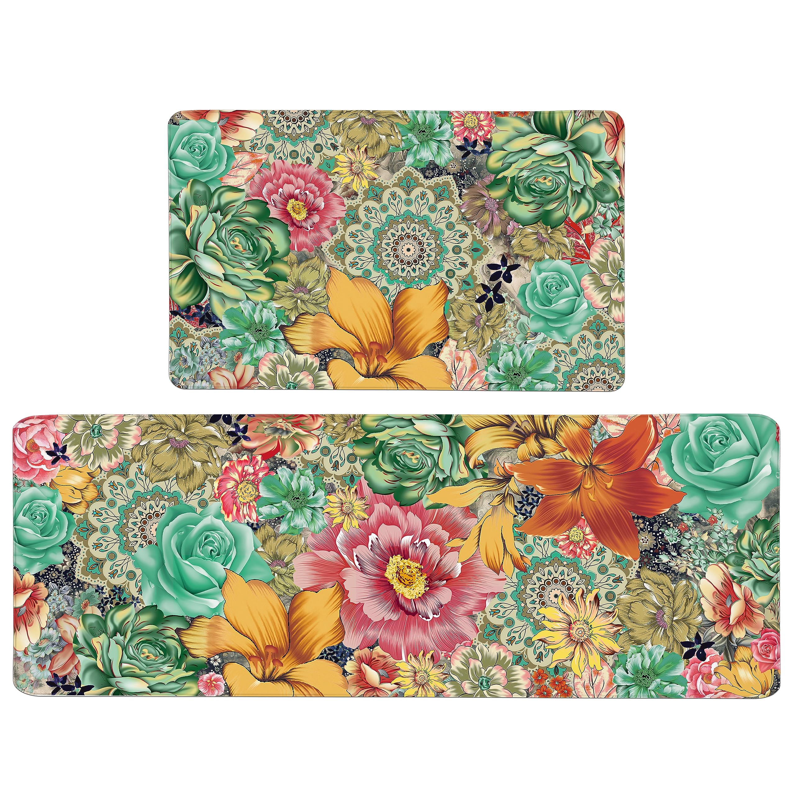 Boho Floral Kitchen Rug Set of 2 Colorful Bohemian Anti Fatigue Kitchen Mats Vintage Farmhouse Flowers PVC Cushioned Standing Kitchen Mats for Floor Kitchen Sink Home, 17.3 x 28+17.3 x 47 Inches