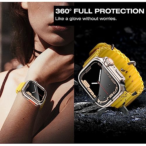 (2 in 1) Tensea for Waterproof Apple Watch Screen Protector Case Series 9 8 7 45mm【Apple Watch Ultra Style Case】, iWatch Protective Face Cover Look Like Ultra with Tempered Glass Film for Women Men