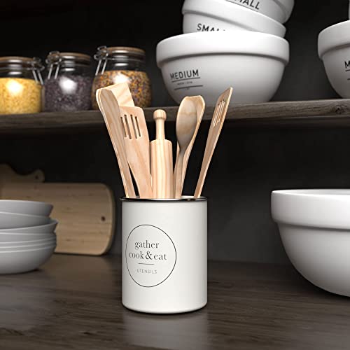 Barnyard Designs Metal Utensil Crock Holder, Rustic Farmhouse Countertop Decor, Country Kitchen Utensil Storage Caddy Organizer, White, 5.5" x 6.75”