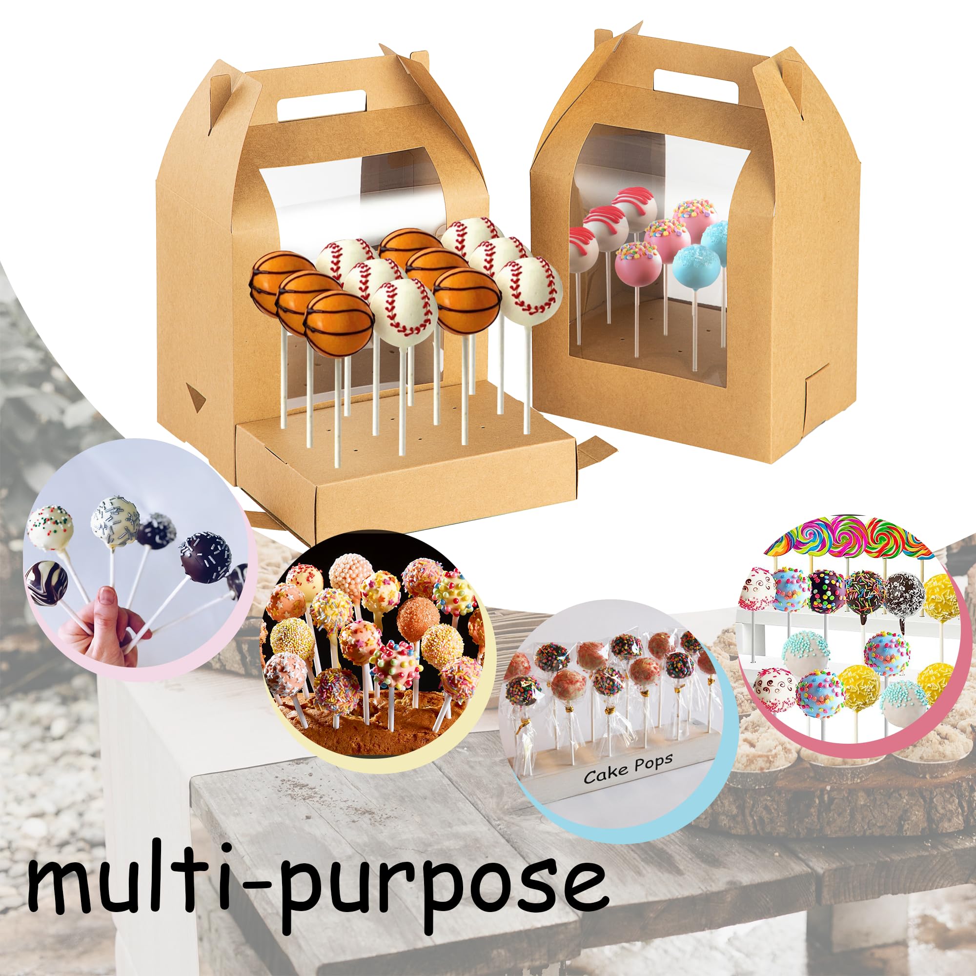 Hzzycaxli 6 Pcs Portable Cake Pop Packaging Box White Cake Pop Holder Cake Pop Stand 18 Holes 8.7 x 5.9 x 11.8 Inches with Clear Window Displaying Small Cake Box for Lollipops (Kraft paper)