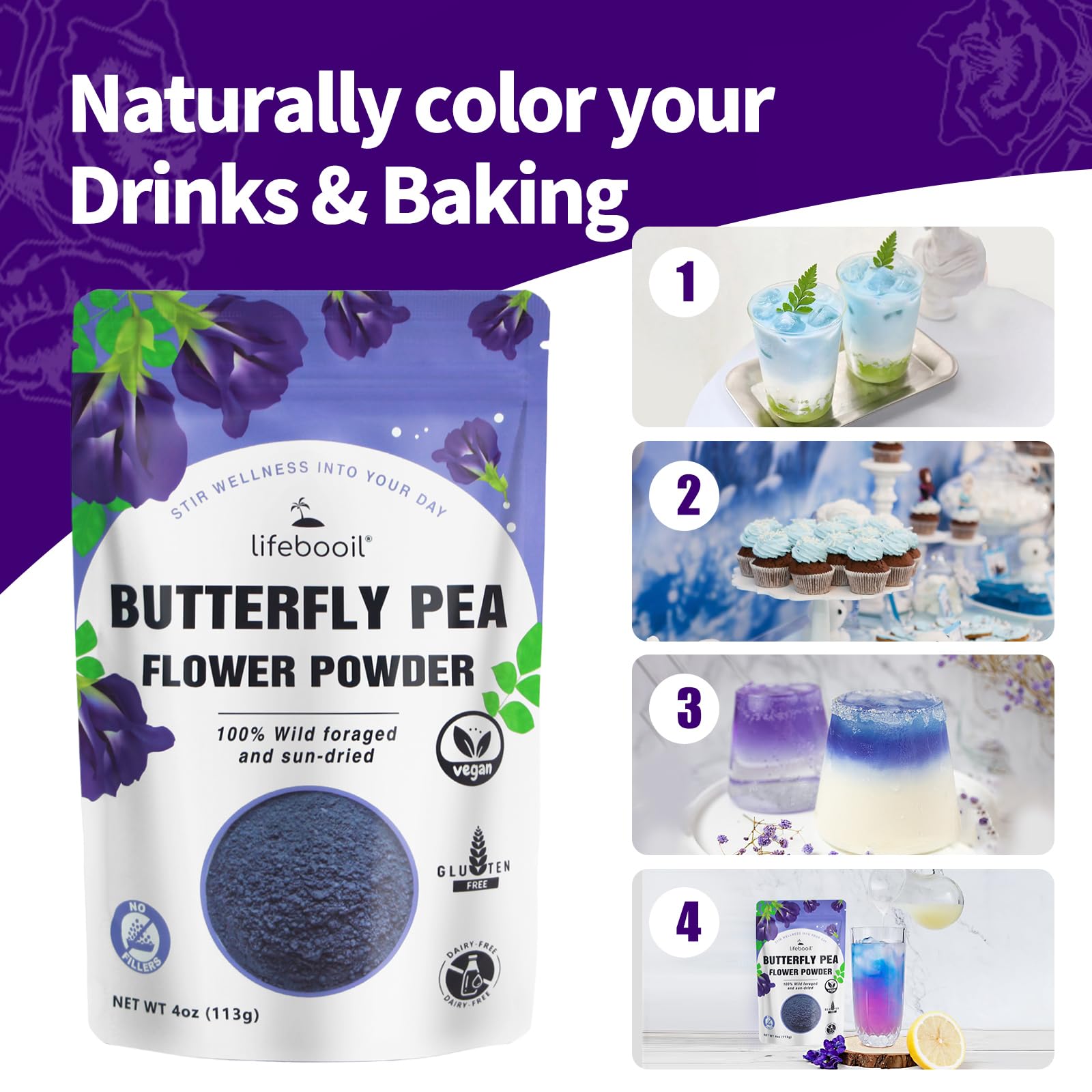 Butterfly Pea Flower Powder 4oz | Natural Blue Food Coloring for Drinks, Baking, Smoothies | Vegan, Non-GMO, Gluten-Free, No Additives
