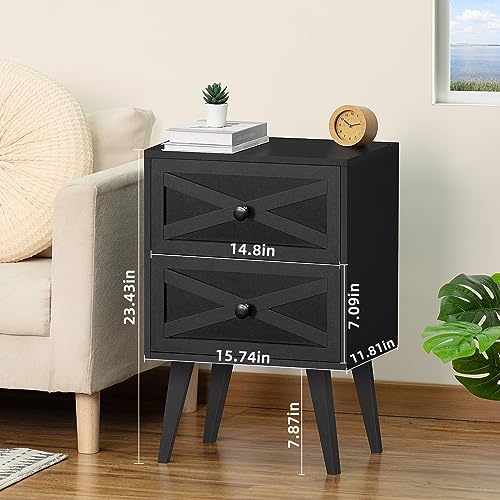 Lerliuo Black Nightstand, Bed Side Table with 2 Drawers Barn Door, Solid Wooden Legs Night Stand, Mid Century Modern End Table Storage Wood Cabinet Dresser for Bedroom, Living Room, Dorm