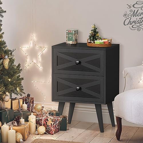 Lerliuo Black Nightstand, Bed Side Table with 2 Drawers Barn Door, Solid Wooden Legs Night Stand, Mid Century Modern End Table Storage Wood Cabinet Dresser for Bedroom, Living Room, Dorm