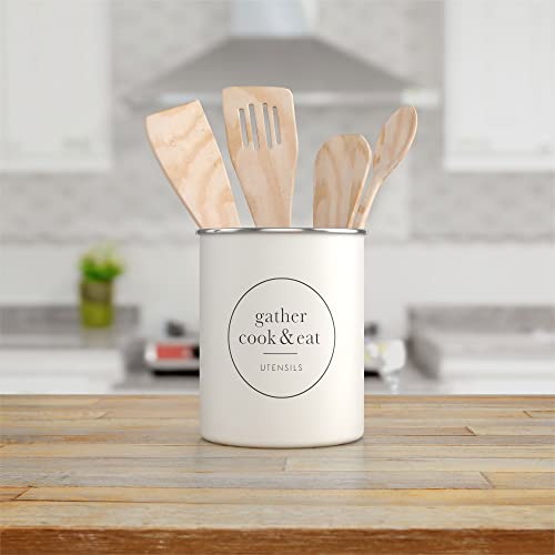 Barnyard Designs Metal Utensil Crock Holder, Rustic Farmhouse Countertop Decor, Country Kitchen Utensil Storage Caddy Organizer, White, 5.5" x 6.75”