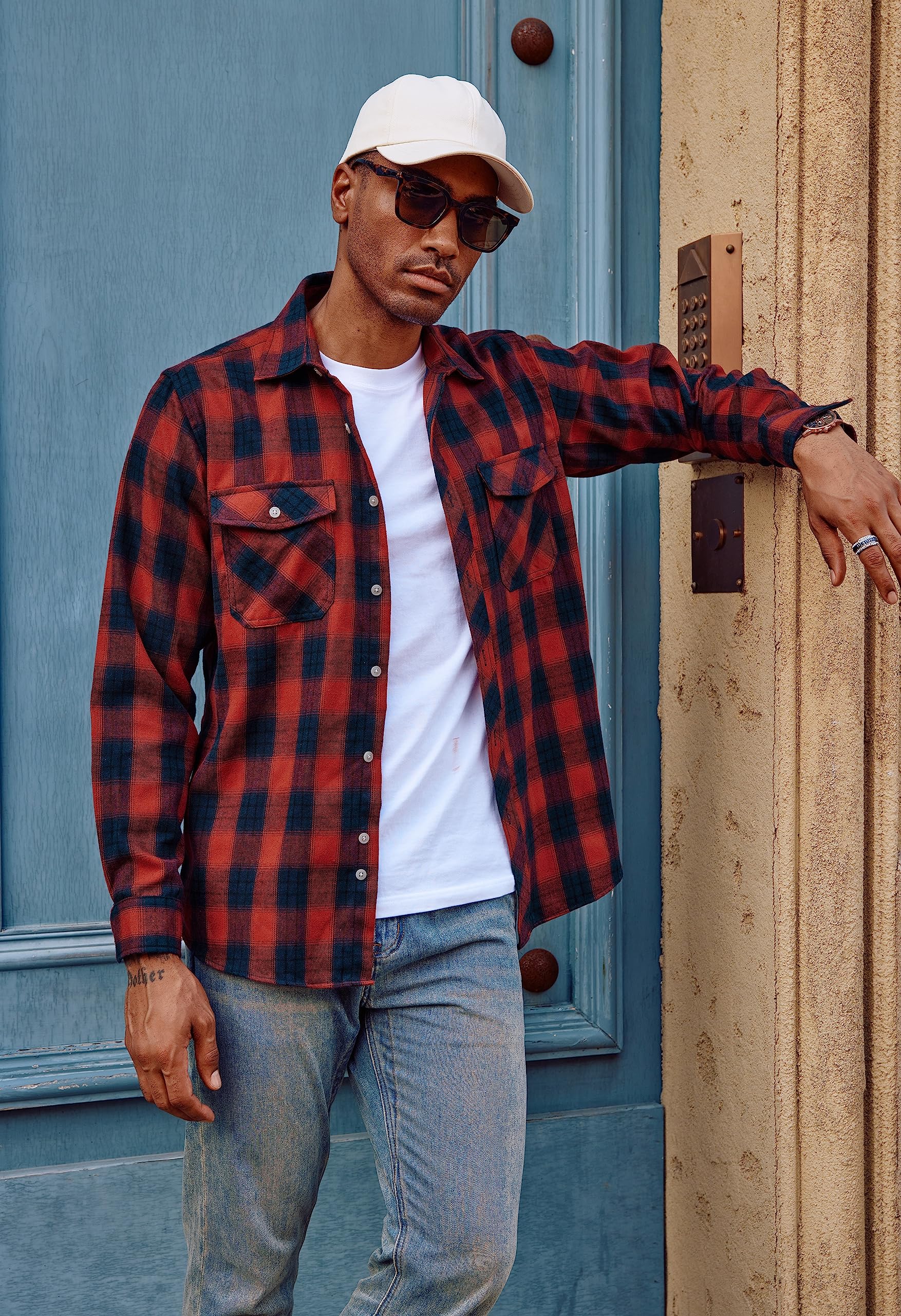 PJ PAUL JONES Mens Casual Button Down Shirts Flannel Plaid Cotton Regular Fit Long Sleeve Shirts Red Large
