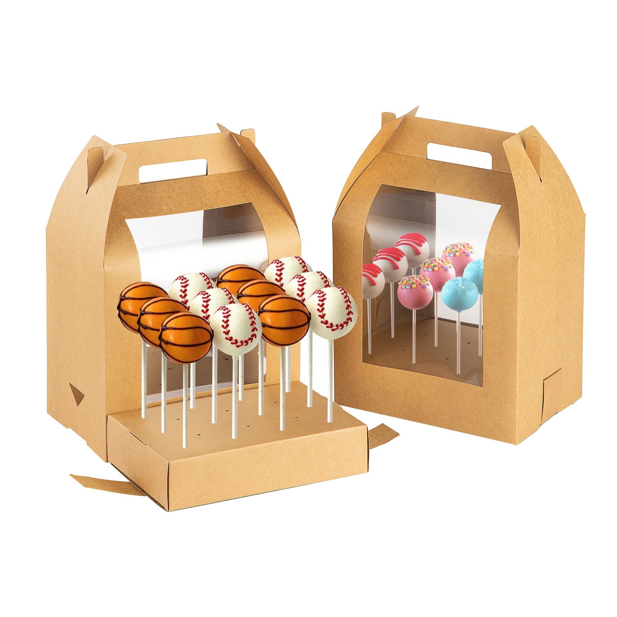 Hzzycaxli 6 Pcs Portable Cake Pop Packaging Box White Cake Pop Holder Cake Pop Stand 18 Holes 8.7 x 5.9 x 11.8 Inches with Clear Window Displaying Small Cake Box for Lollipops (Kraft paper)